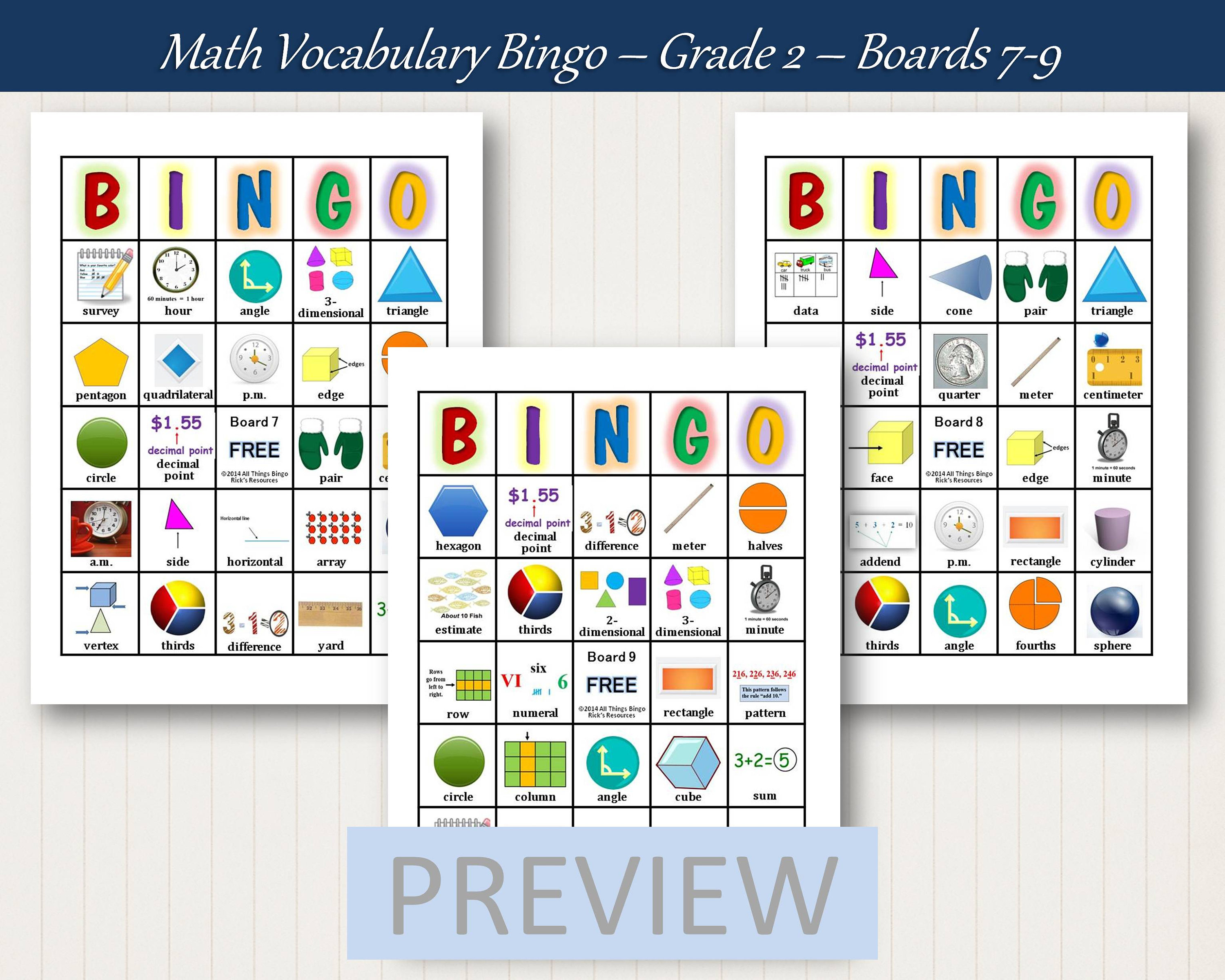 2nd Grade Math Vocabulary Bingo Game 30 Boards, Adjustable Difficulty ...