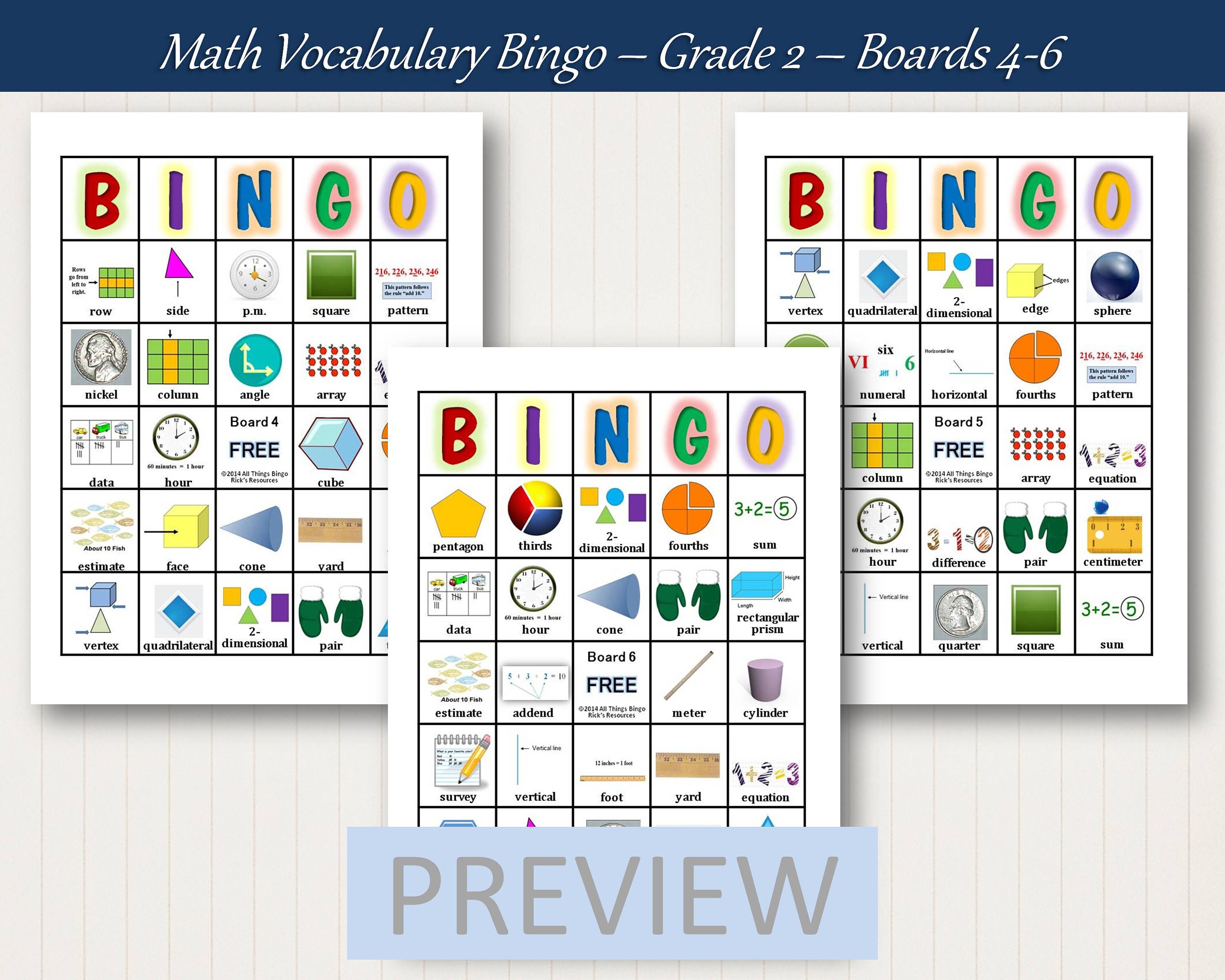2nd Grade Math Vocabulary Bingo Game 30 Boards, Adjustable Difficulty ...