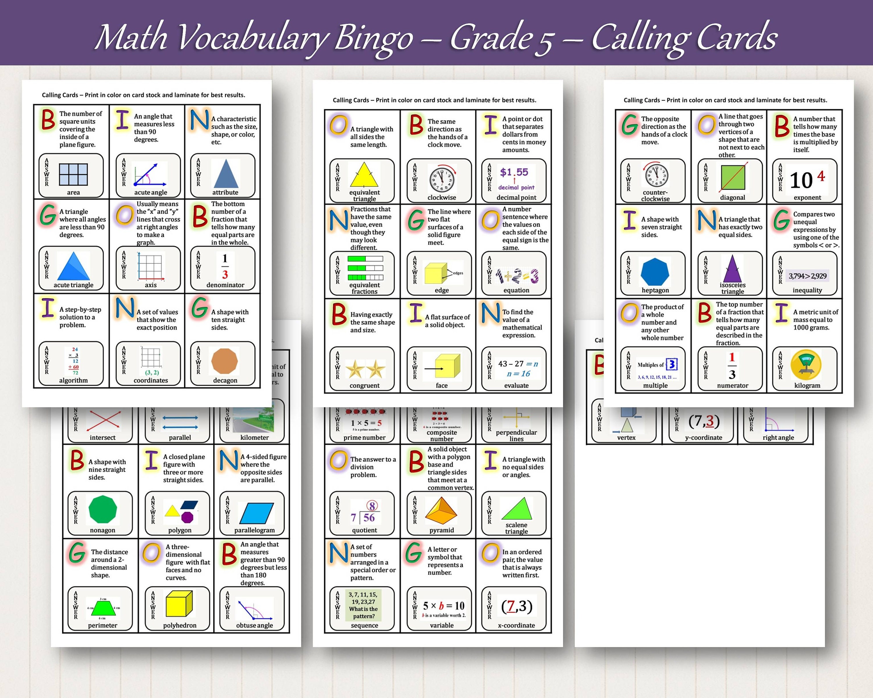 5th Grade Math Vocabulary Bingo Game 30 Boards, Adjustable Difficulty ...