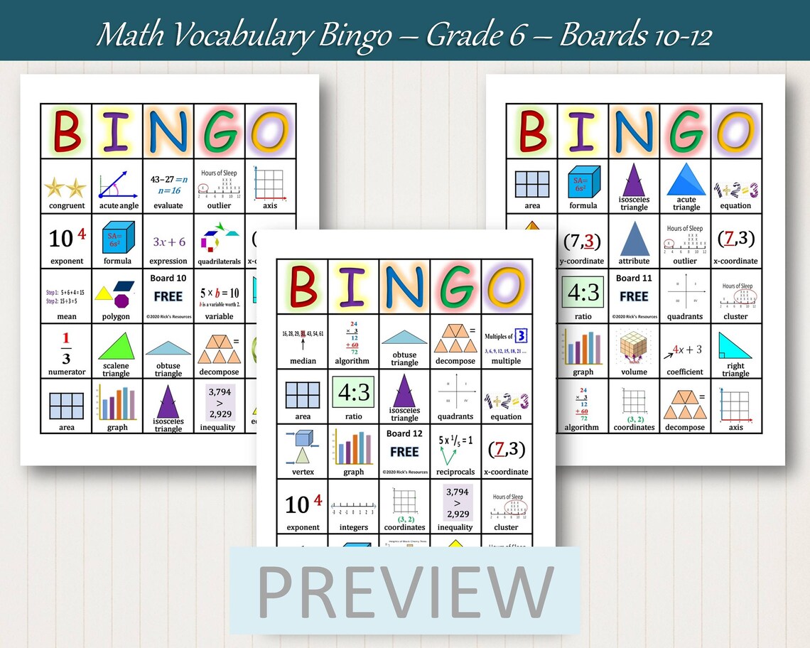 6th Grade Math Vocabulary Bingo Game - 30 Boards, Adjustable Difficulty ...