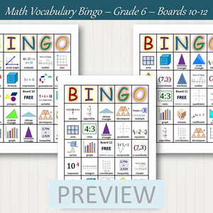 6th Grade Math Vocabulary Bingo Game - 30 Boards, Adjustable Difficulty ...