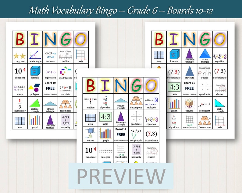 6th Grade Math Vocabulary Bingo Game - 30 Boards, Adjustable Difficulty ...