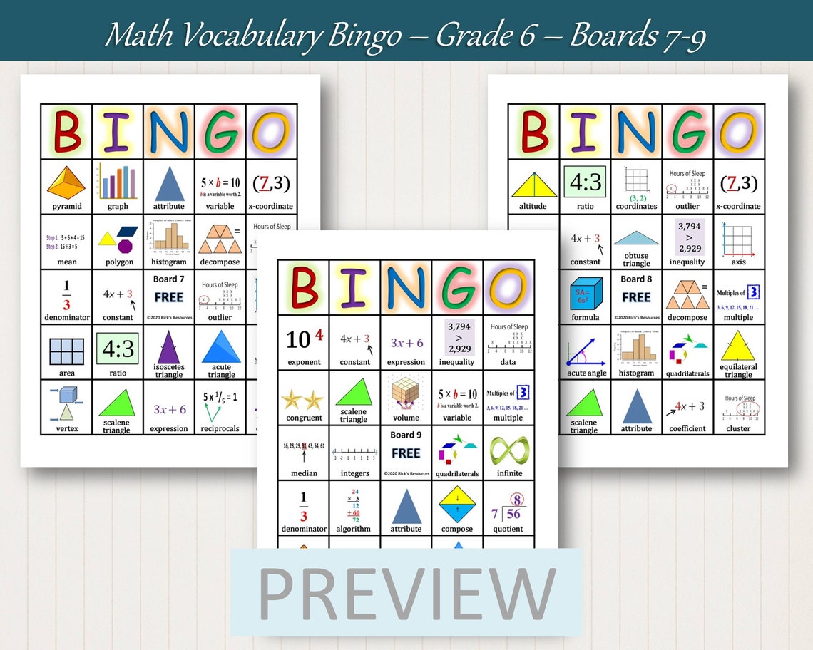 6th Grade Math Vocabulary Bingo Game - 30 Boards, Adjustable Difficulty ...