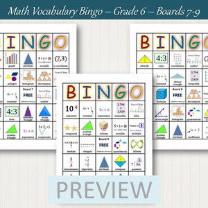 6th Grade Math Vocabulary Bingo Game - 30 Boards, Adjustable Difficulty ...