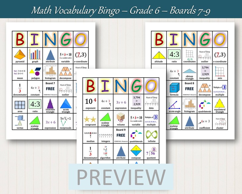 6th Grade Math Vocabulary Bingo Game 30 Boards, Adjustable Difficulty ...