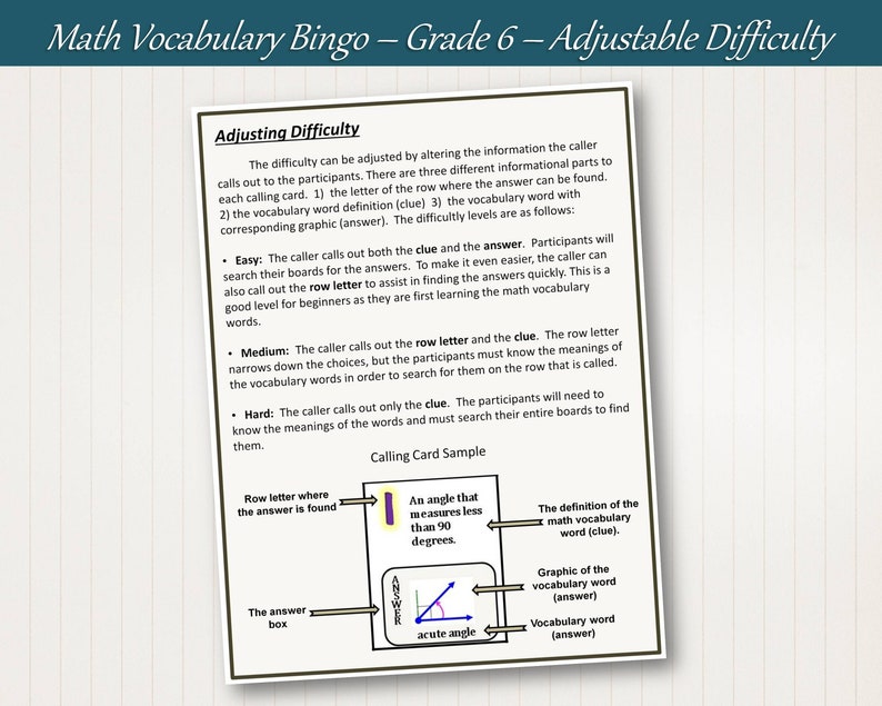 6th Grade Math Vocabulary Bingo Game - 30 Boards, Adjustable Difficulty ...