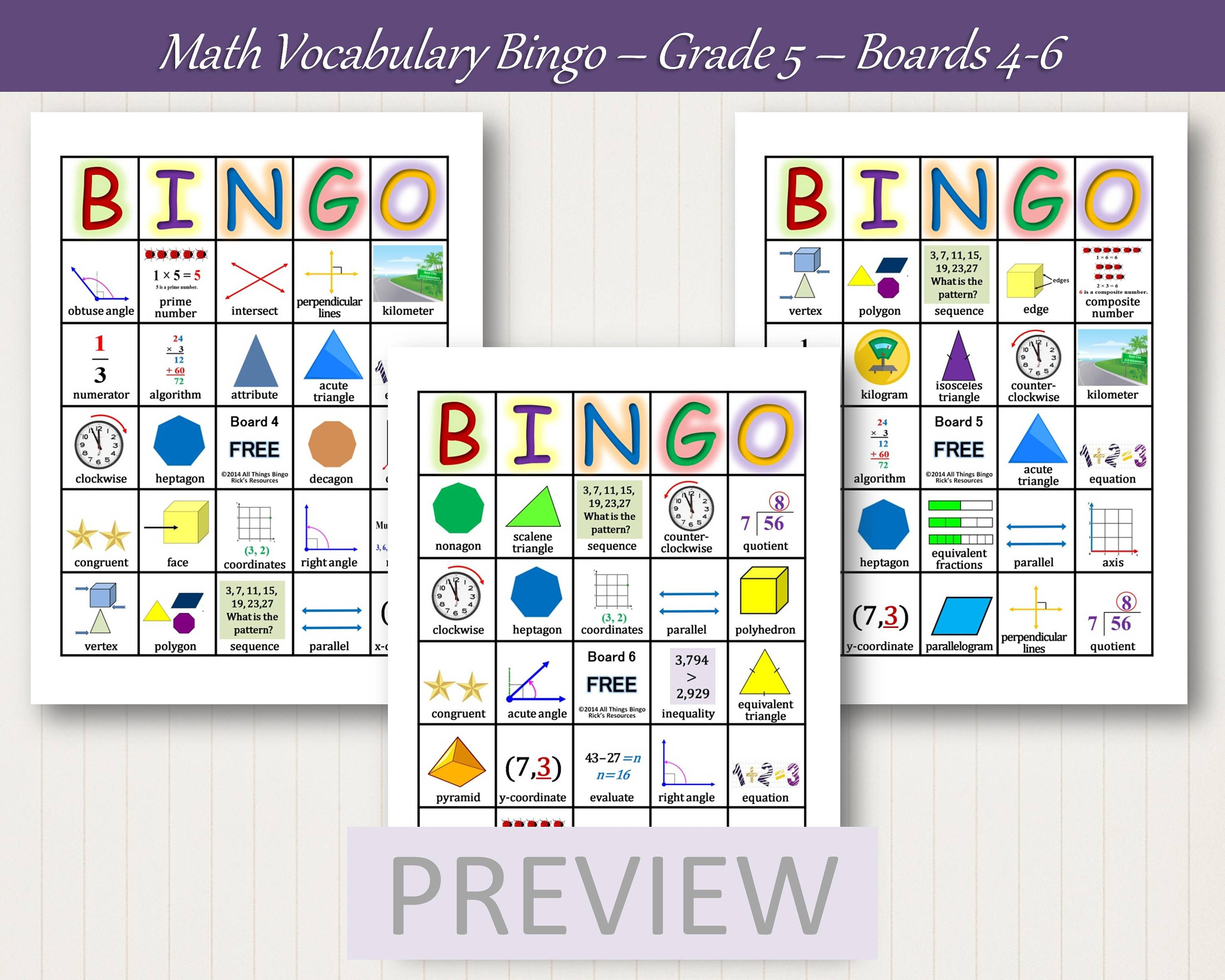 5th Grade Math Vocabulary Bingo Game 30 Boards, Adjustable Difficulty ...