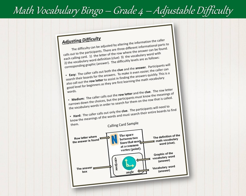 4th Grade Math Vocabulary Bingo Game - 30 Boards, Adjustable Difficulty ...