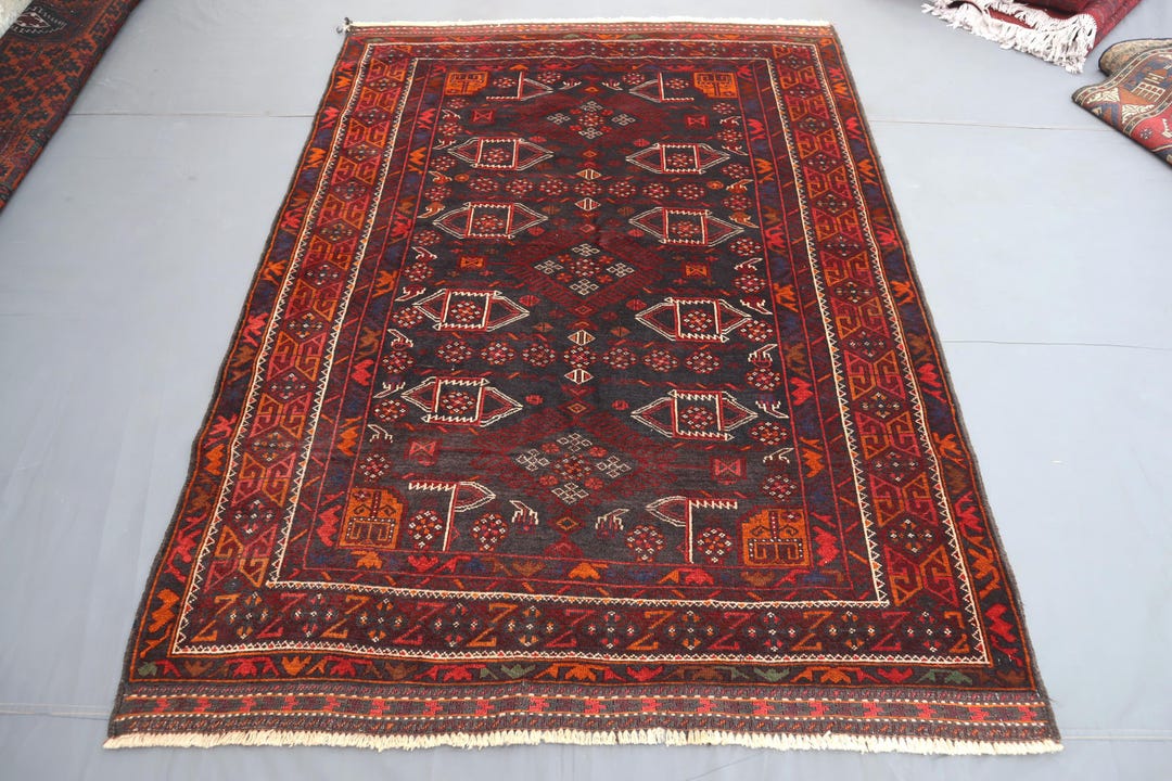 Antique Baluchi Rug 4'8x6'5 Ft Terracotta Afghan Handmade Wool Rug ...