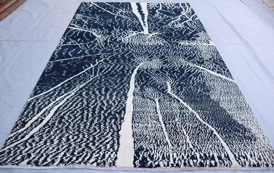 6x9 Navy Blue Beige Abstract Design Area Rug, Handmade Afghan Rug ...