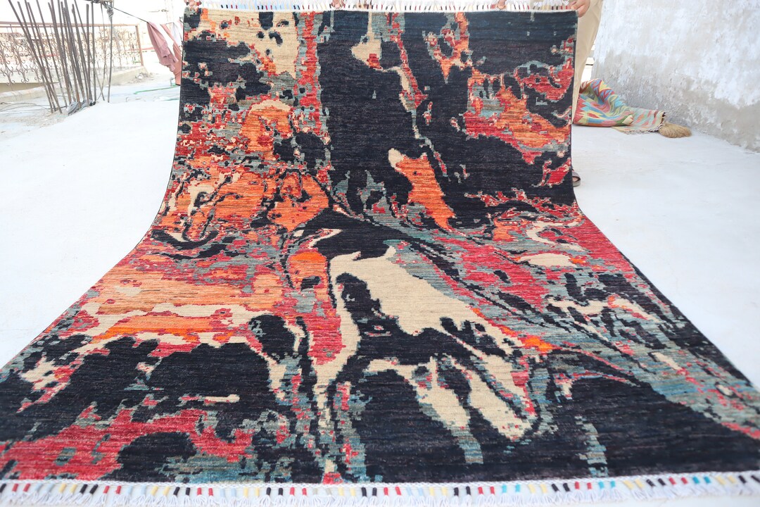 5.8x7.6 Ft Afghan Modern Abshar Rug, One of a Kind Turkoman Handmade ...