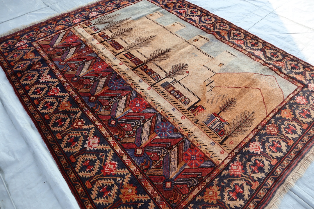 5x6 Ft Antique Pictorial Rug, Afghan Hand Knotted Wool Rug, Vegi Dyes ...