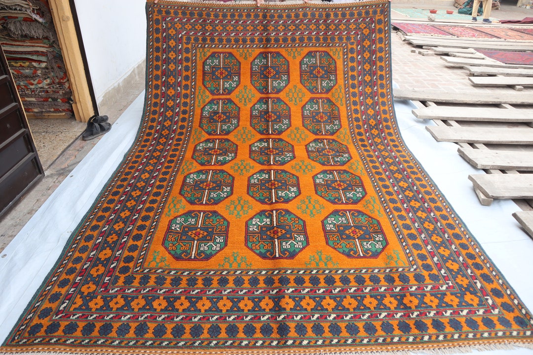 7x10 Orange Green Modern Bokhara Area Rug- Multi Color Hand Knotted ...