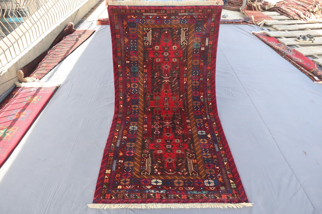 3'8x7'0 Ft Afghan Antique Balochi Area Rug, Turkman Tribal Geometric ...