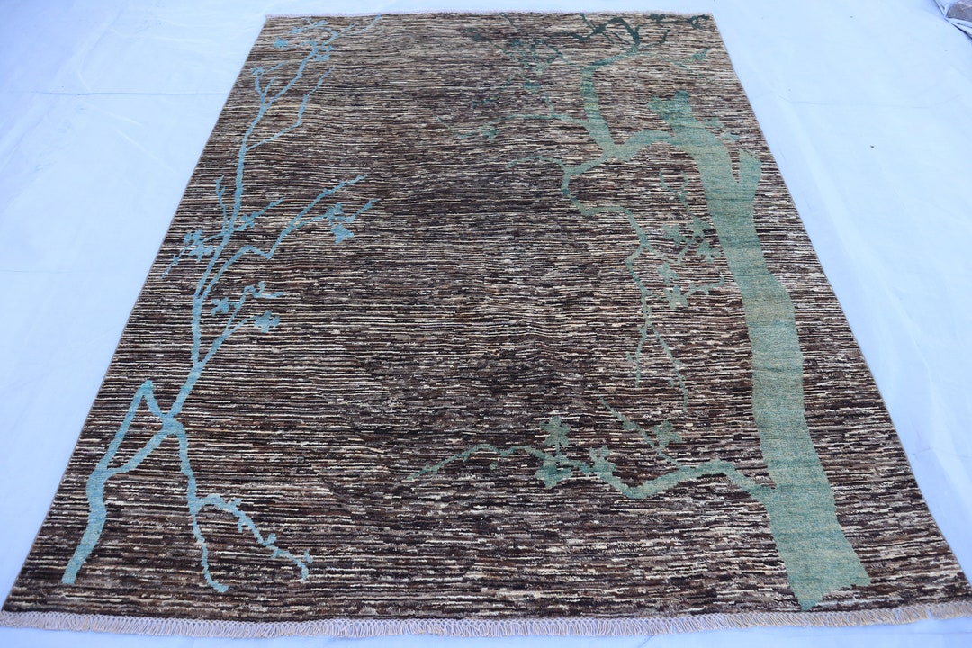 6x8 Ft Undyed Natural Wool Tree of Life Carpet- Gray Blue Hand Knotted ...