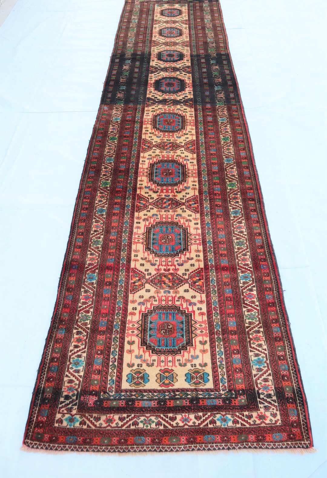 1950s Antique Runner Rug- 3x14 Ft Afghan Handmade Caucasian Balcuhi ...