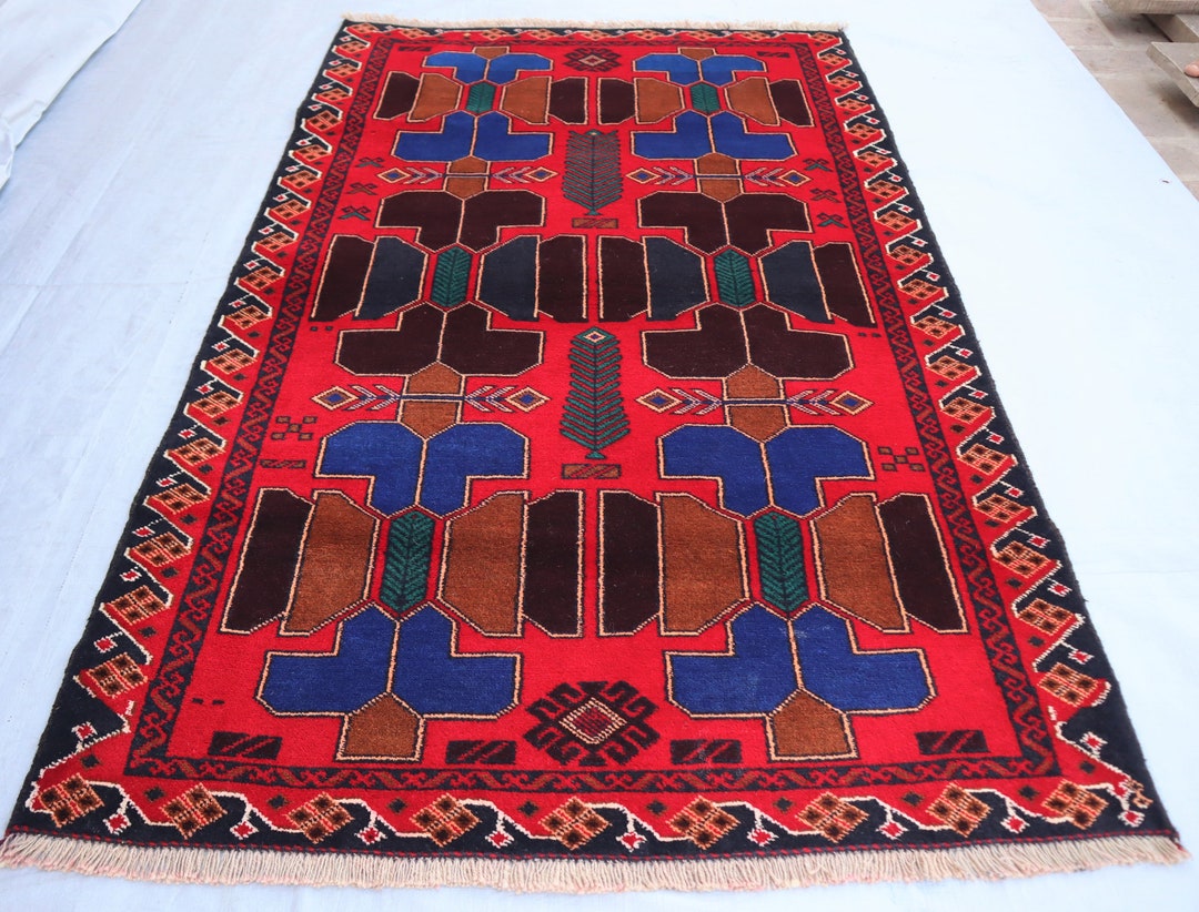 3'8x5'10 Ft Geometric Design Balochi Rug- Boho Soft Wool Rug- Afghan ...