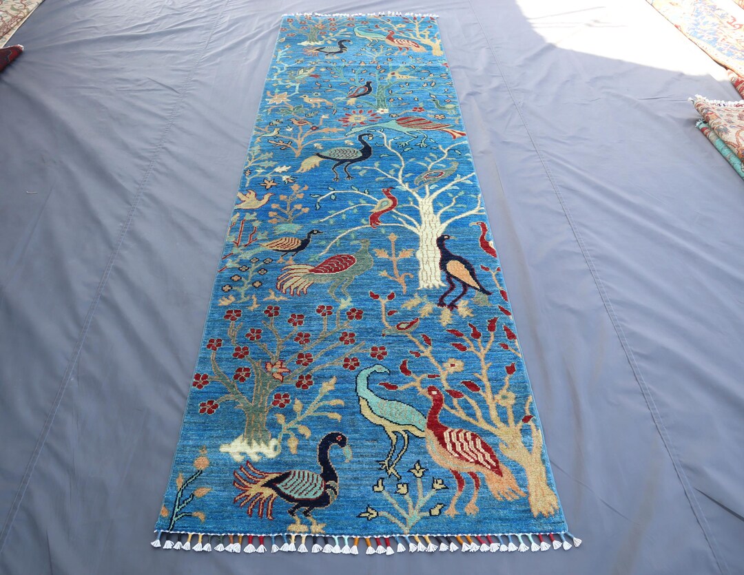 Tree of Life Runner Rug 3x10 Hand Knotted Hallway Rug, Light Blue ...