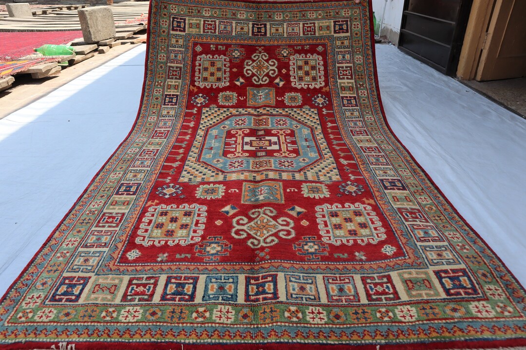 3.9x6.1 Ft Red Kazak Area Rug- Turkmen Hand Knotted Rug- Turkish Mamluk ...