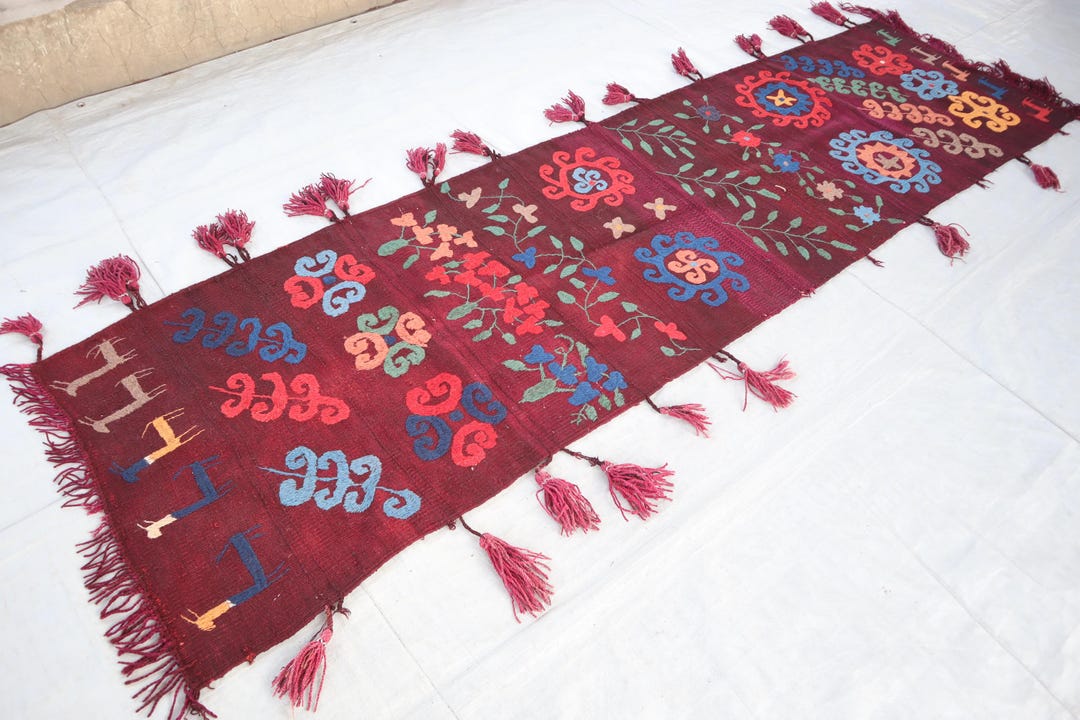 Suzani Runner Rug 3x9 Ft Deep Red Blue Green Needle Work Rug - Hand ...