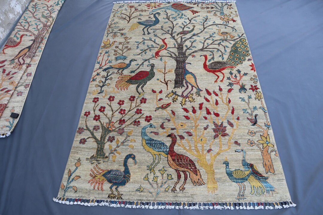 4x6 Beige Gabbeh Pictorial Rug, Turkmen Nomadic Rug, Afghan Handmade ...