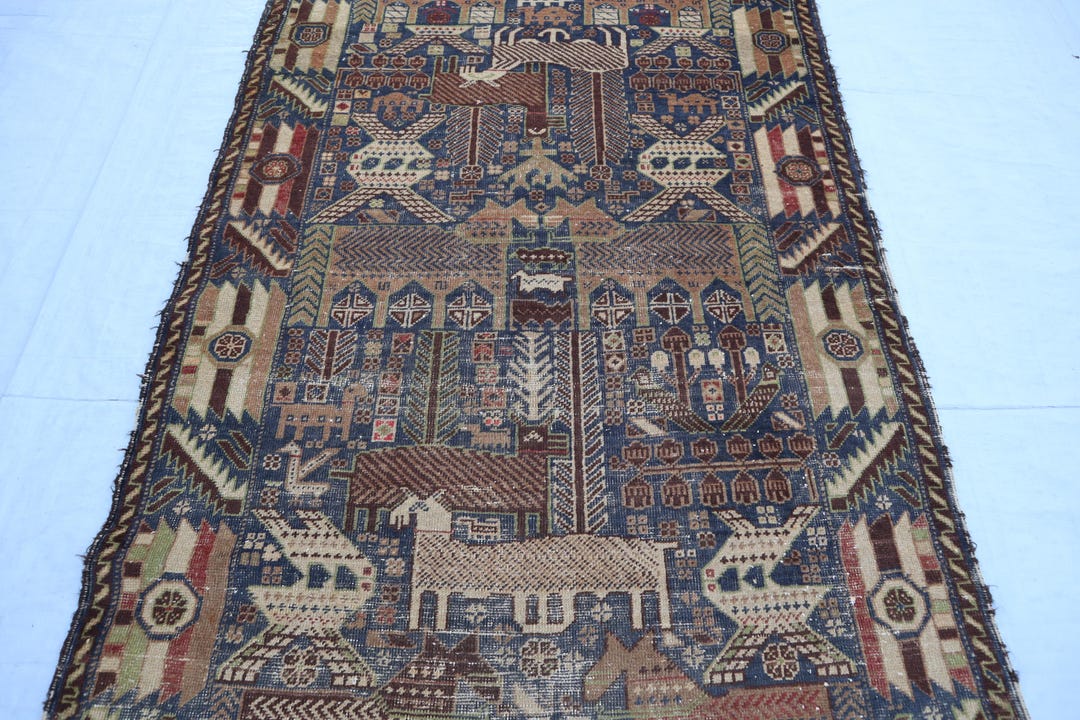 Afghan Antique 4x7 Ft Pictorial Rug, Vintage Hand Knotted Low Pile ...