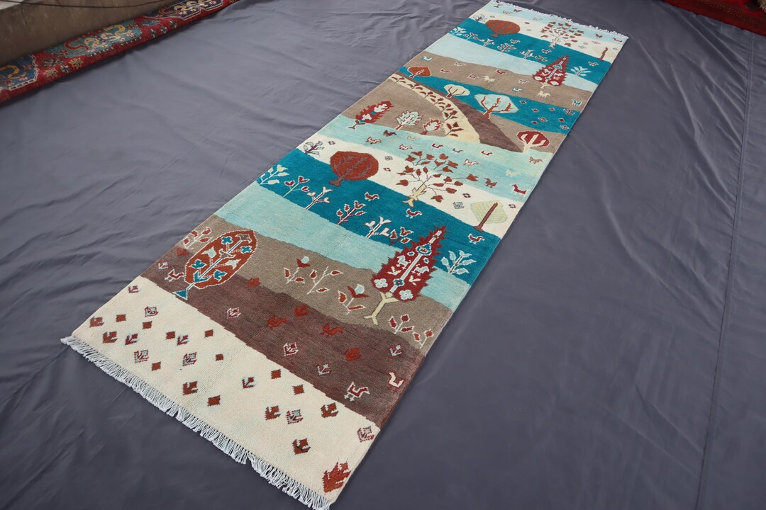 3x10 Turquoise Beige Tree of Life Runner Rug, Hand Knotted Pictorial ...