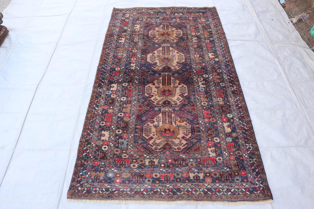 6x4 Ft Afghan Vintage Floral Rug, Ocean Blue Caucasian Design Antique ...