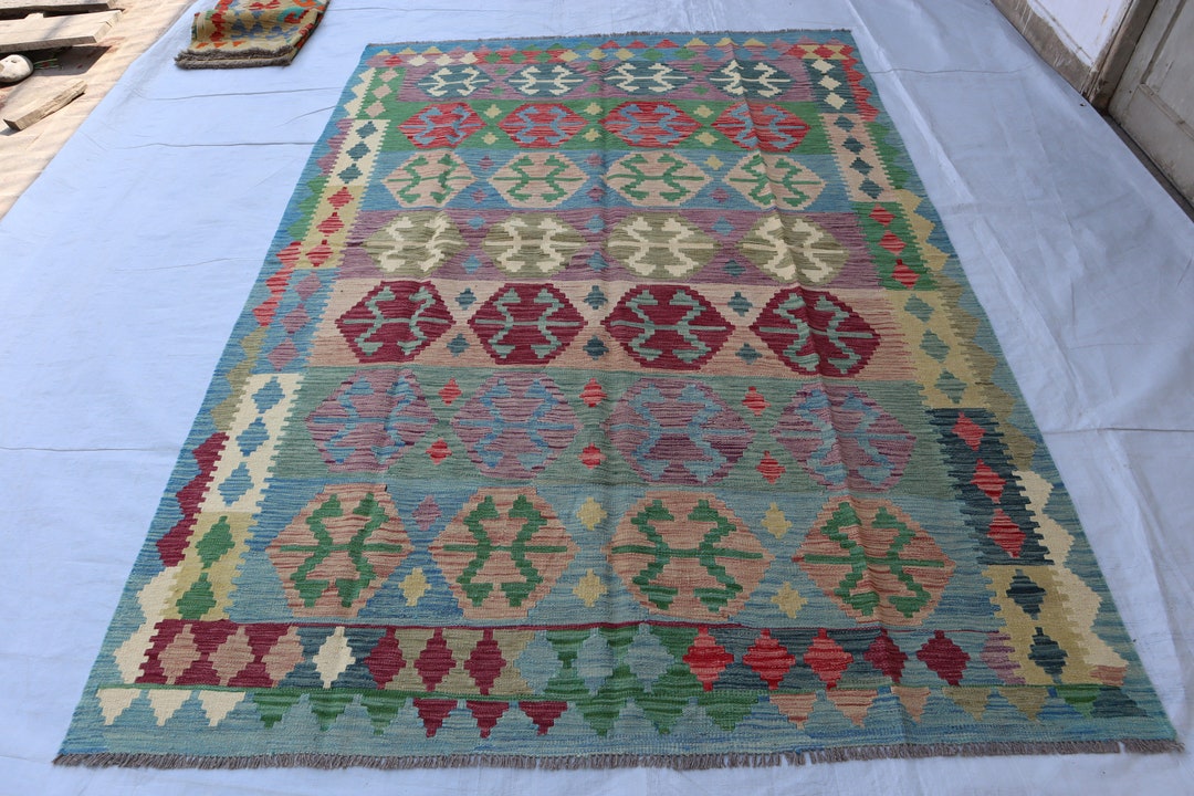 10x7 Afghan Kilim Rug, Flatweave Modern Turkish Rug, Multi Color Rug ...