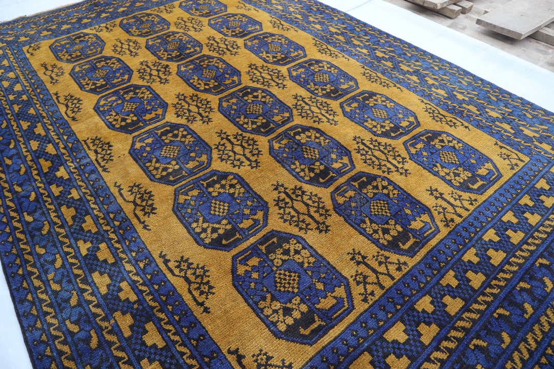 Lemon Gold Blue Bukhara Rug 7x10 Ft / Turkoman Tribal Handmade Carpet ...