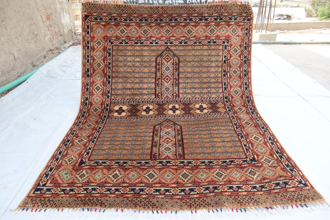 Vintage Turkmen Parda Rug 5x7 Handmade Rug, Beige Red Tribal Rug for ...