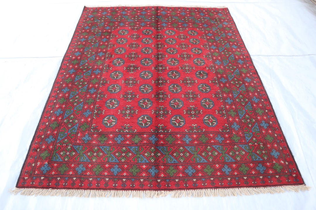 5x7 Ft Fine Quality Turkman Mowri Rug- Pinkish Red Blue Geometrical ...