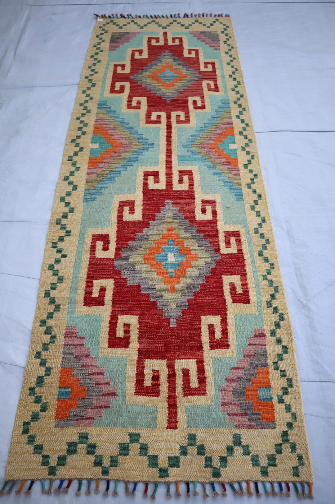 3x8 Navajo Runner Rug/ Handmade Wool Corridor Rug/ Modern Beige Blue ...