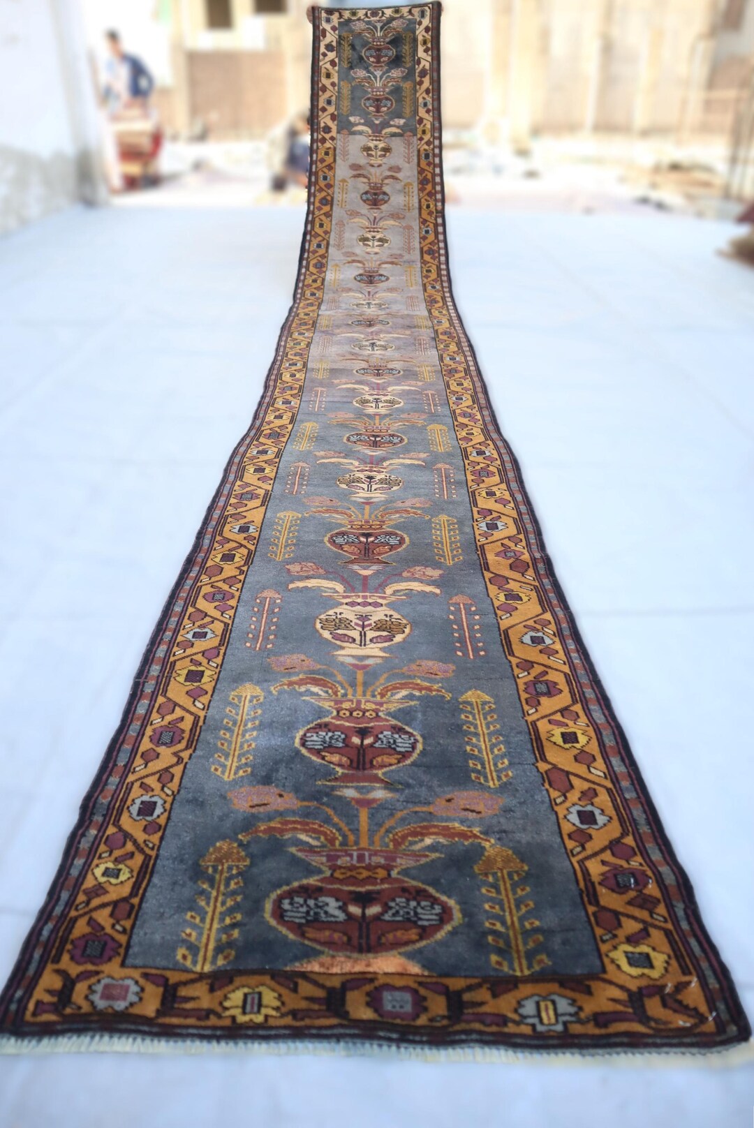 2x15 Long Runner Rug- Gray Afghan Handmade Runner Rug- Caucasian Long ...