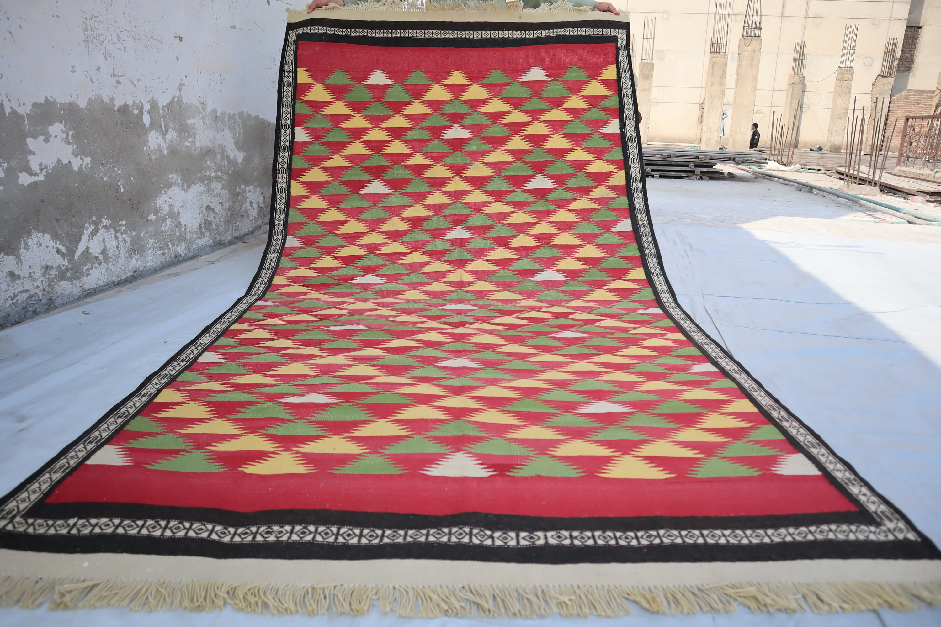 5x10 Feet Vintage Afghan Rug, Red Beige Green Colors Handmade Flatweave ...