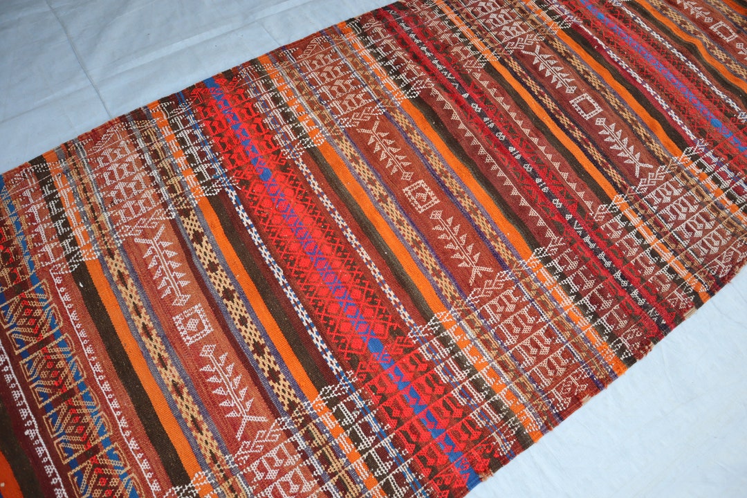 4'0x10'2 Ft, Vintage Flatweave Runner, Natural Veg Dyed Wool Sumak Rug, Afghan Handmade Rug ...