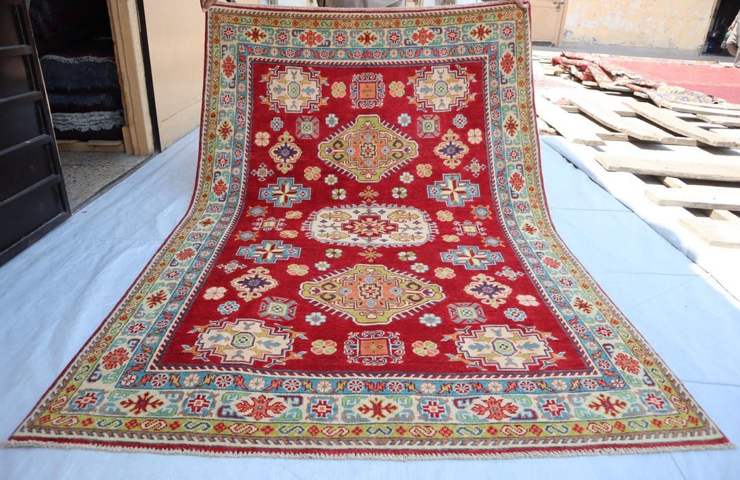 Red Beige 7x5 Area Rug- High Pile Hand Knotted Turkish Style Kazak Rug ...