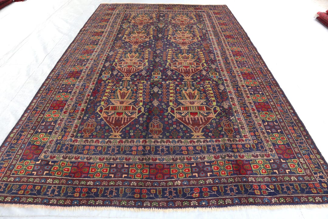 6'3x10 Ft Navy Blue Antique Flower Pot Pattern Rug/ Afghan Hand Knotted ...