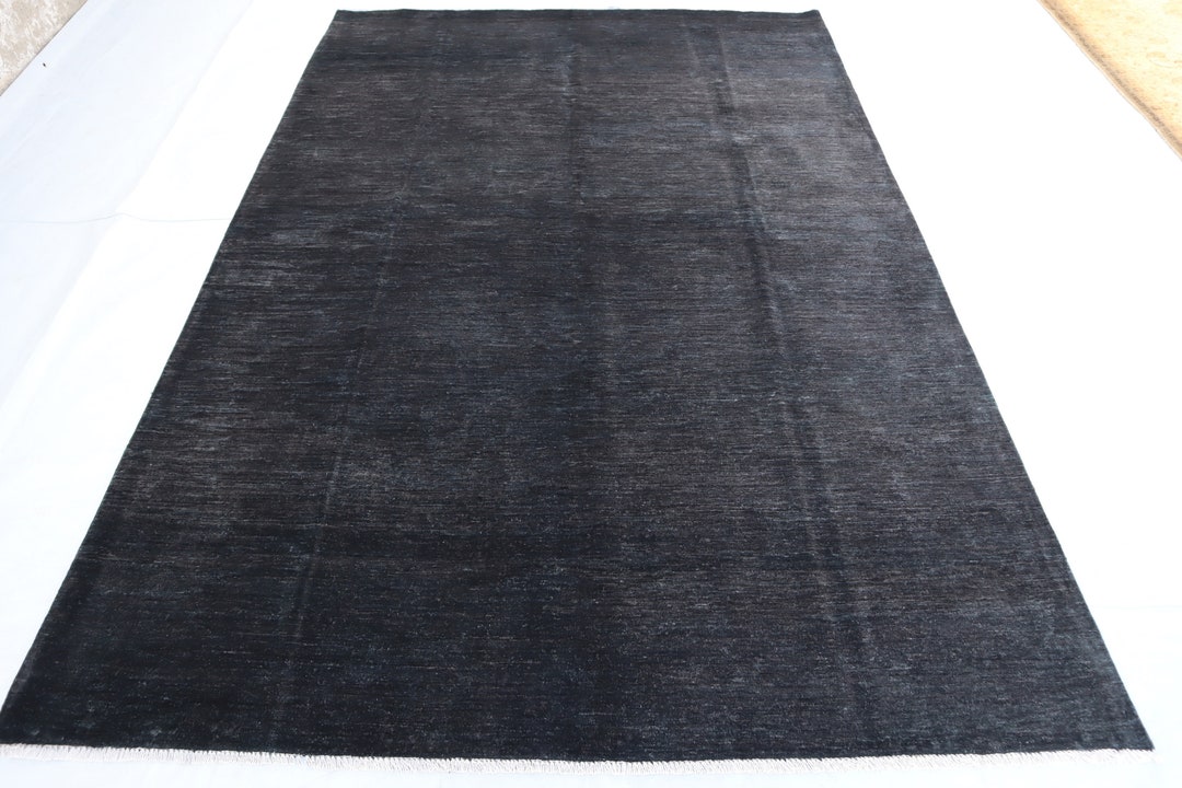 Black Area Rug 10x7 Ft- Solid Black Afghan Hand Knotted Natural Dyes ...