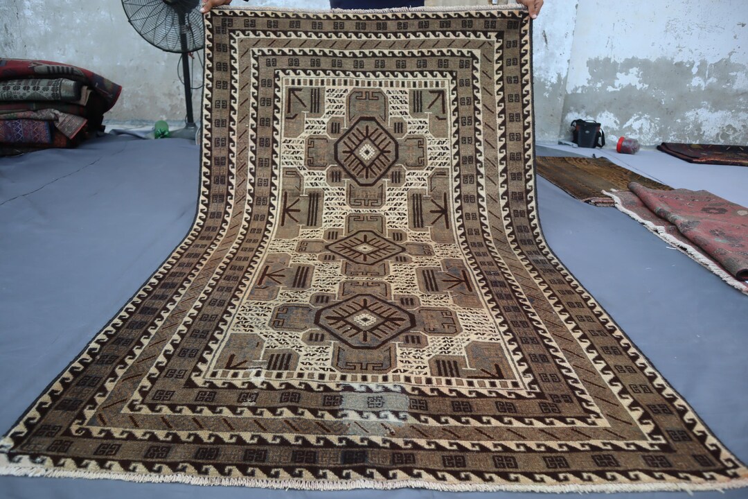 4x6 Ft Vintage Tribal Balochi Rug, Beige Afghan Handmade Geometrical ...