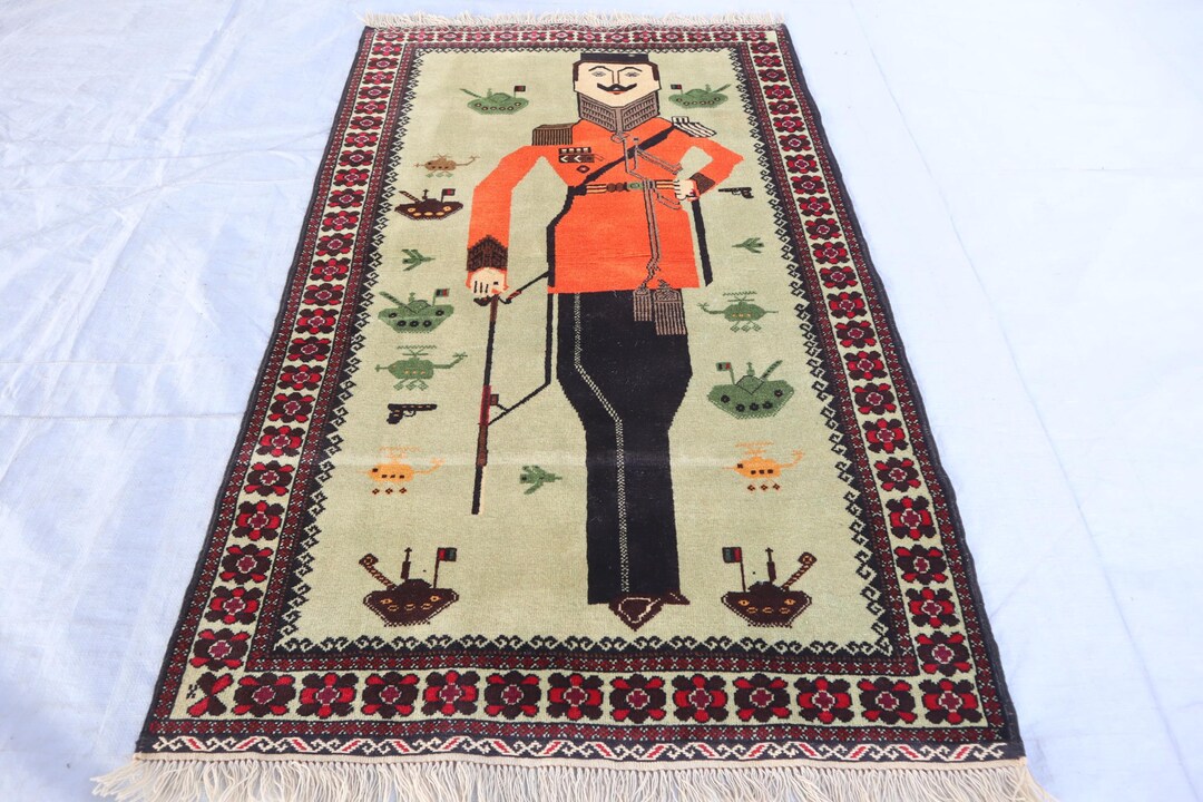 3x5 Ft Soft Blue Rust Orange Pictorial Rug, Turkman Handmade Veg Dyes ...