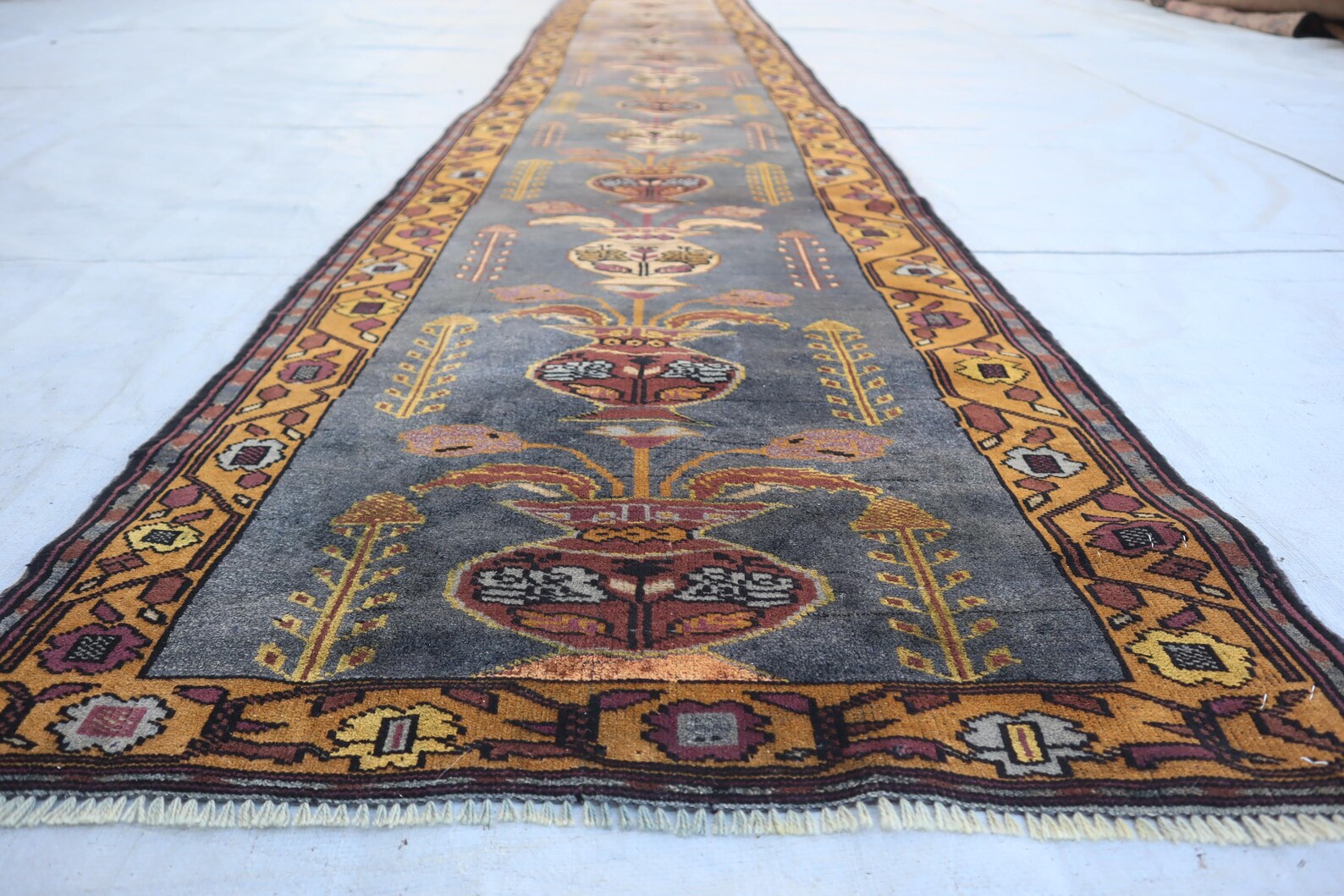 2x15 Long Runner Rug- Gray Afghan Handmade Runner Rug- Caucasian Long ...