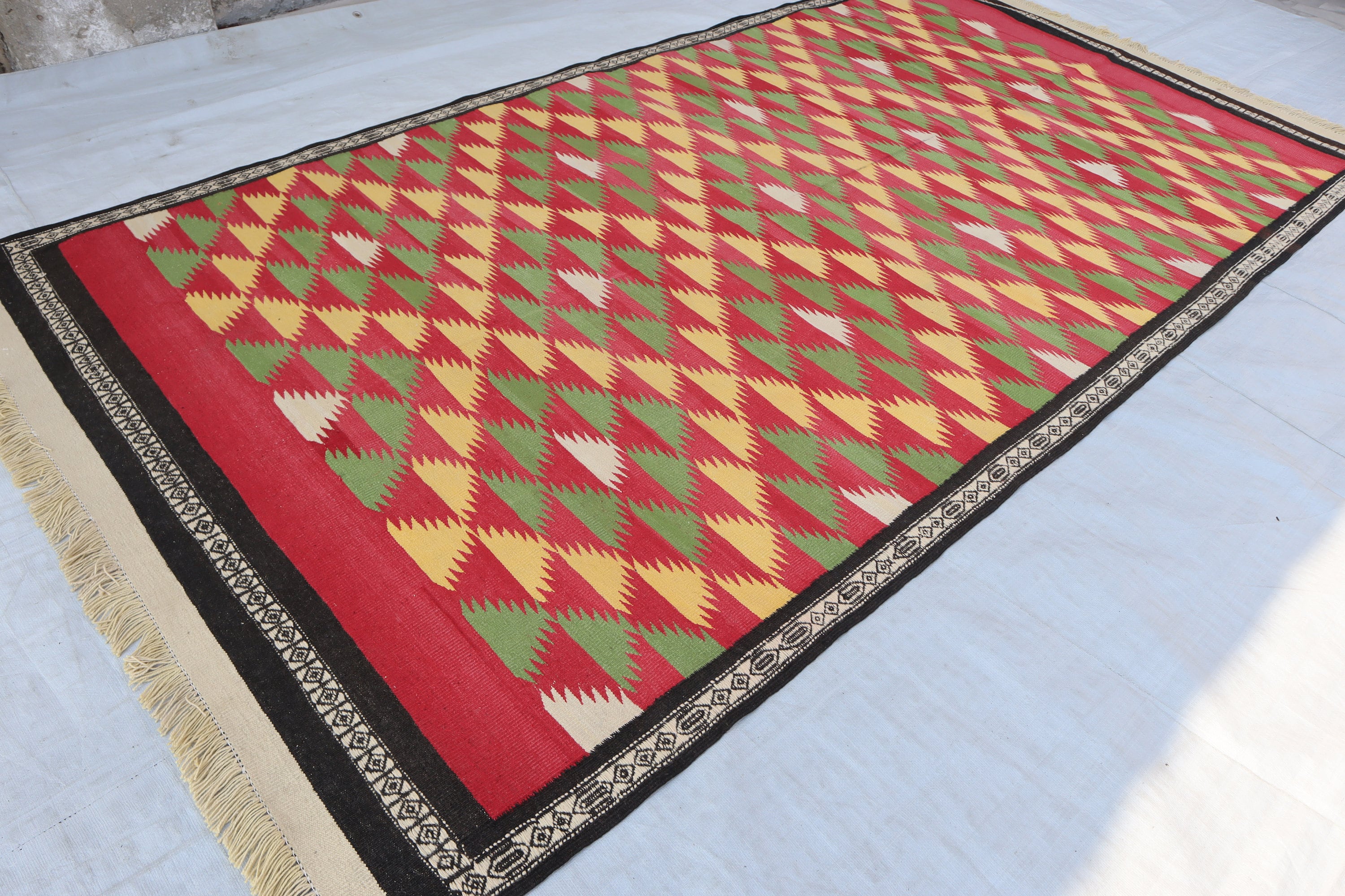 5x10 Feet Vintage Afghan Rug, Red Beige Green Colors Handmade Flatweave ...