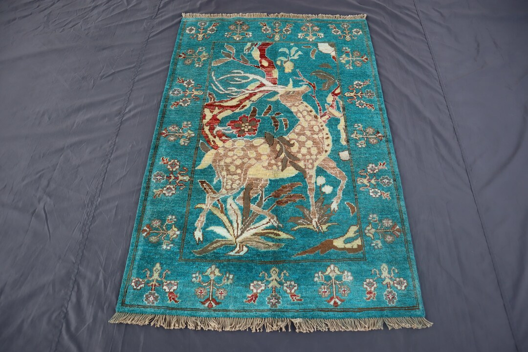 Turquoise Pictorial Rug 3x5, Natural Dyes Hand Knotted Soft Wool Boho ...