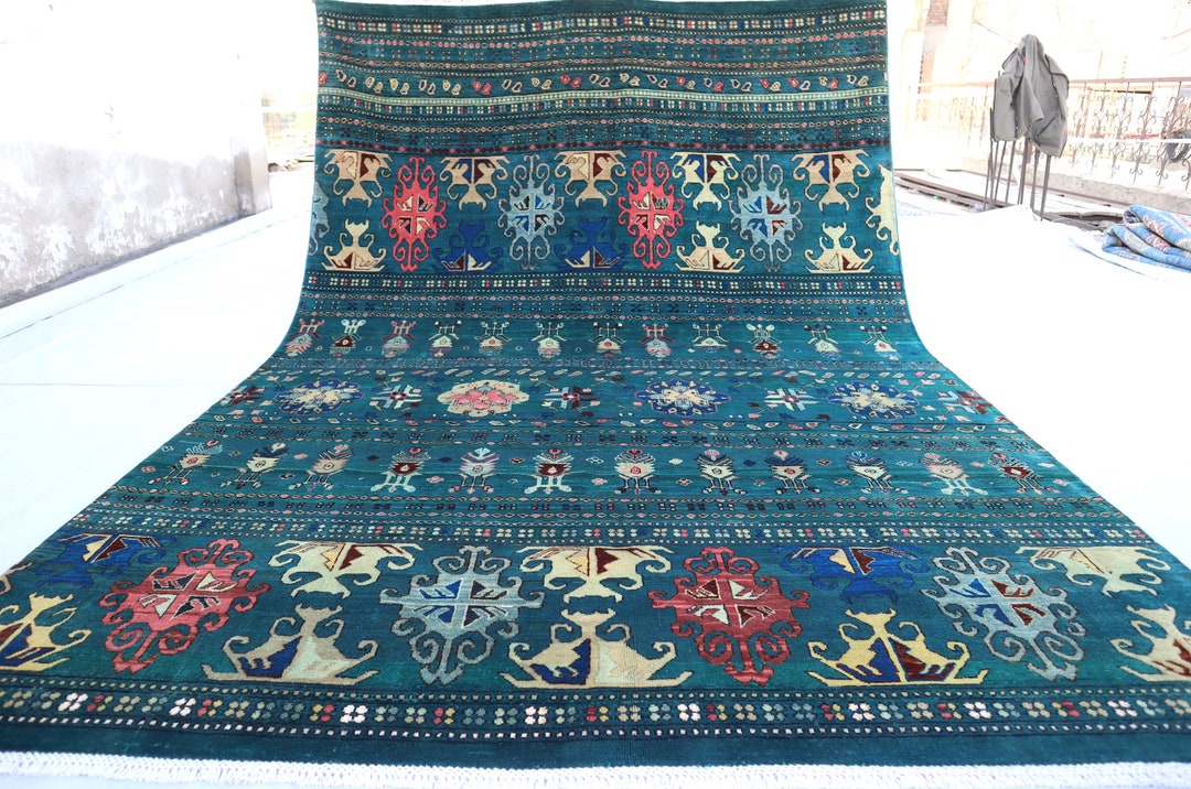 10x7 Gorgeous Forest Green Area Rug- Turkoman Tribal Bokhara Rug ...