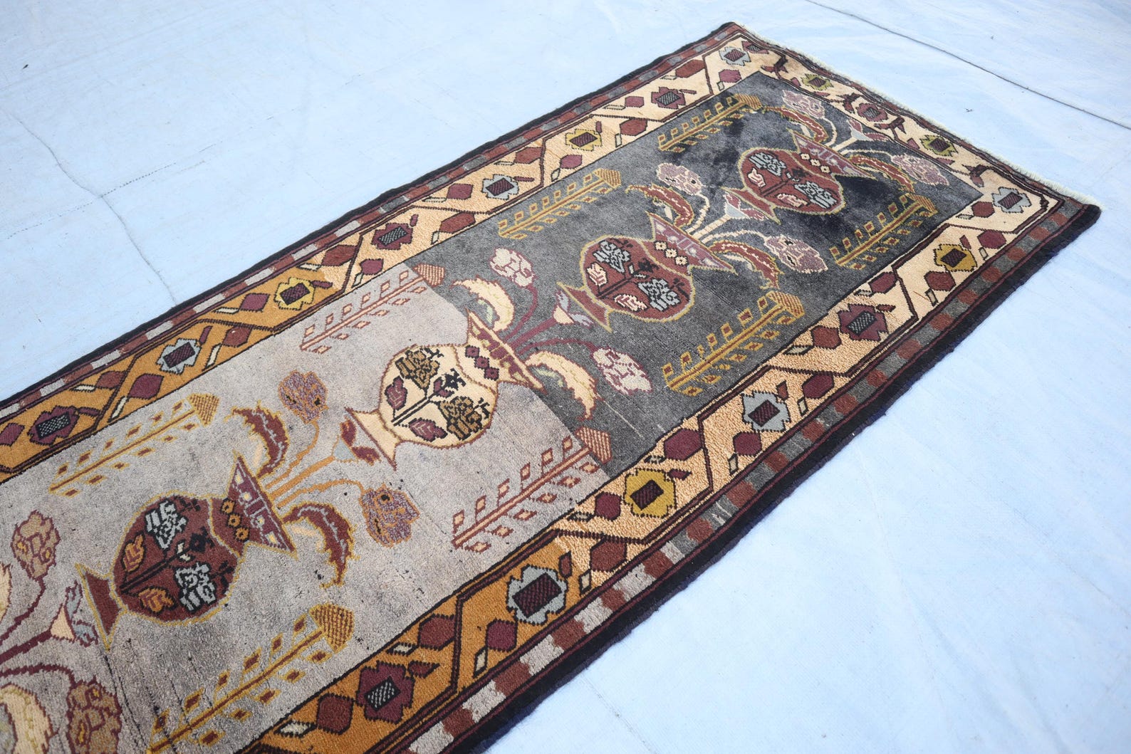 2x15 Long Runner Rug- Gray Afghan Handmade Runner Rug- Caucasian Long ...
