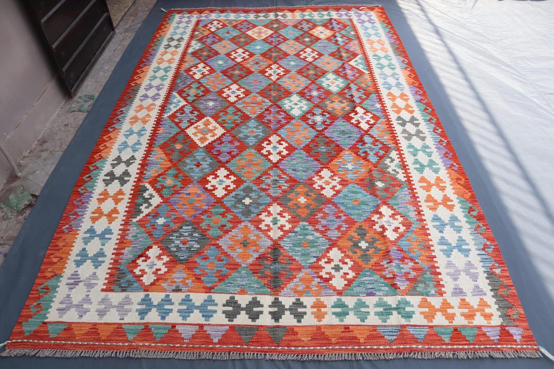 Red 10x7 Kilim Area Rug/ One of a Kind Geometric Kilim Veg Dyes Wool ...