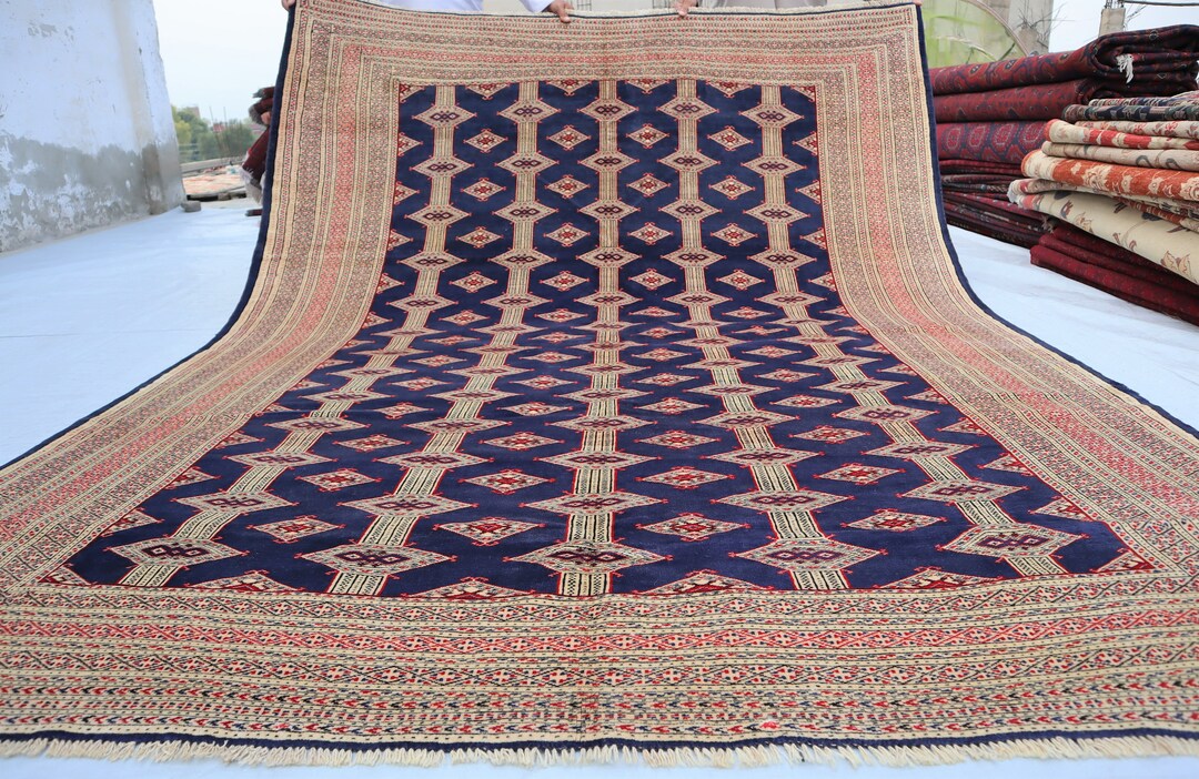 Ocean Blue Turkmen Waziri Rug 6'10x9'4 Ft/ Geometric Pattern Rug/ Fine ...