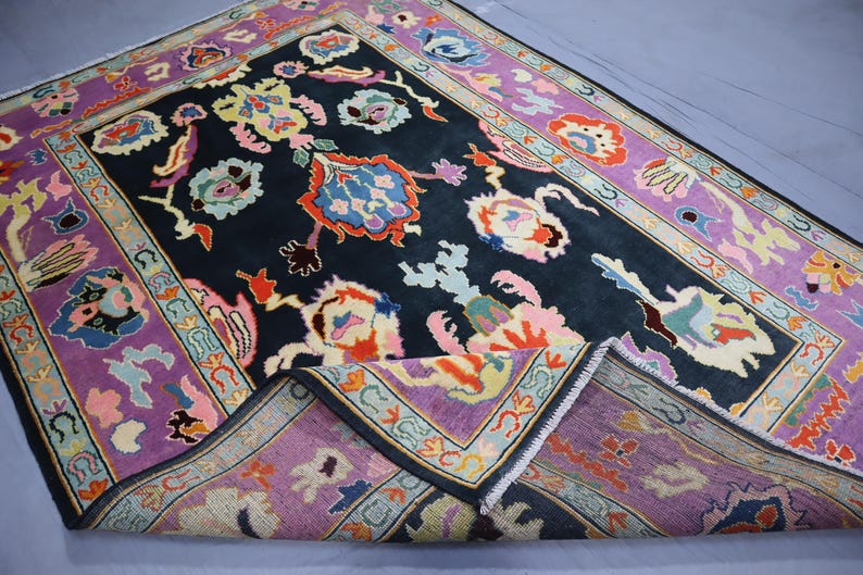 Black Purple Oushak Rug 5'6x7'10 Ft Multi Rich Colors Floral Design Rug ...