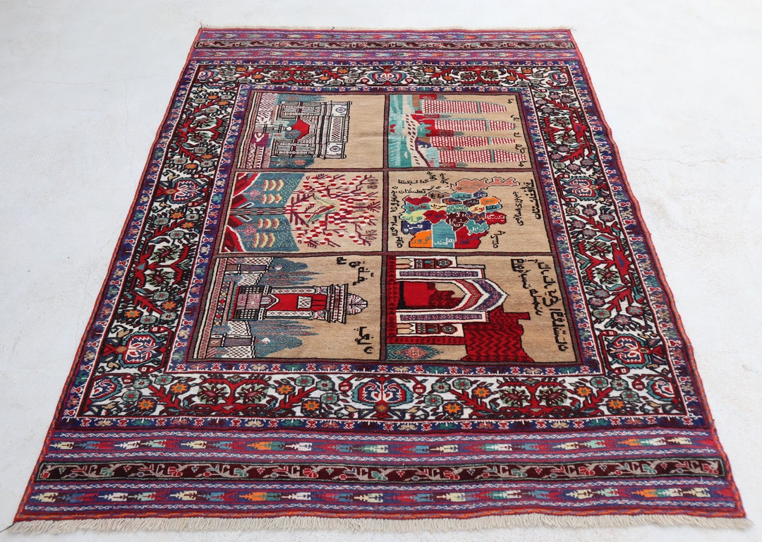 1960's Antique Afghan Pictorial Rug/ 4.8x5.10 Ft Handmade Tribal Carpet ...